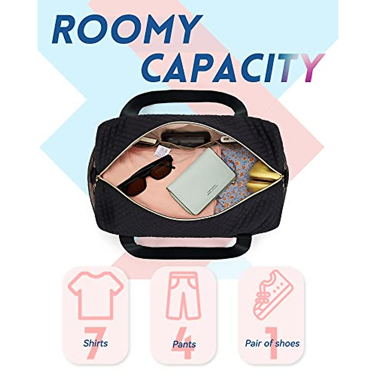 Travel Duffle Bag, BAGSMART 31L Quilted Weekender Overnight Bag for Women, Large Carry On Airport Bag with Wet Pocket & Shoe Bag for Travel, Business Trips, Sports (Black-Basic version)