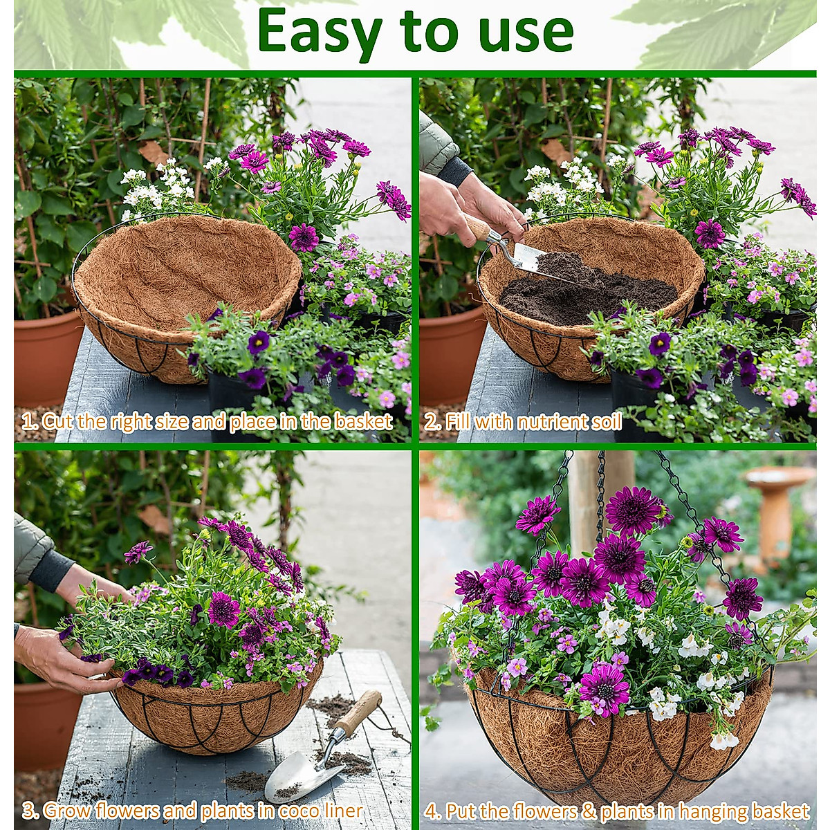 LCHUANG Coco Liners for Planters - 4 Pack 14 Inch Round Hanging Basket Liners, 100% Natural Coconut Fiber Replacement Liners for Hanging Baskets Planters Flowers, Plants, Vegetables (14'' Pack of 4)