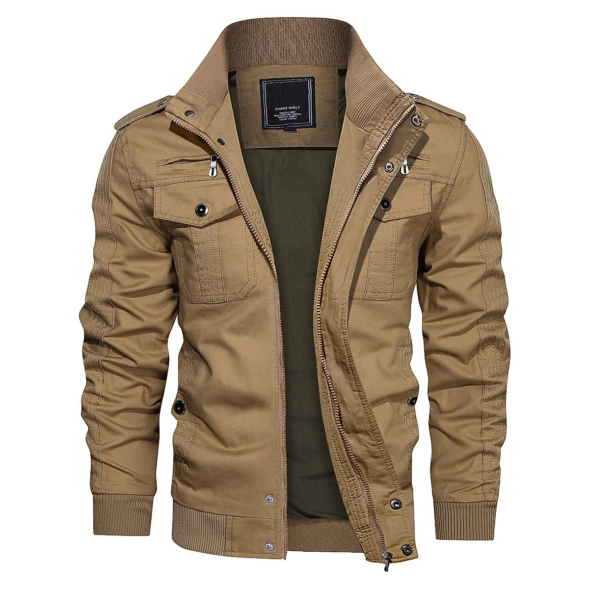 CRYSULLY Men's Bomber Jacket with Patches Cargo Cotton Utility Full Zip Military Jacket Khaki