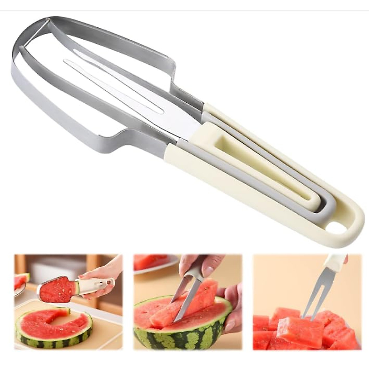 TROKKA 3-in-1 Watermelon Fork Slicer Cutter，Stainless Steel Watermelon Popsicle Cutter Watermelon Cutter Slicer Tool Melon Cutter Knife Portability Fruit Fork for Camping Kitchen Gadgets (Beige)