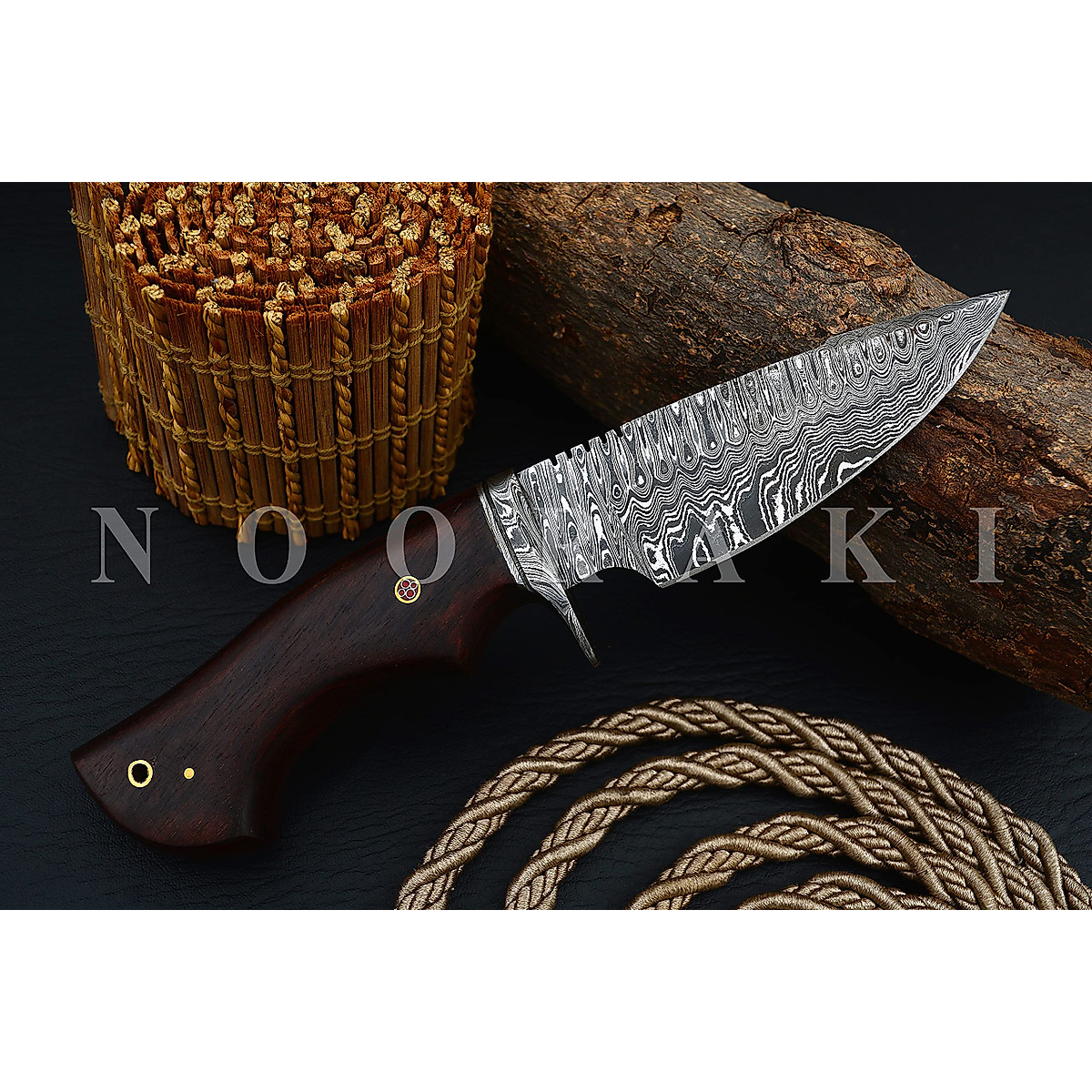 SBK162 Custom Handmade Damascus Steel Knife - Full Tang Rosewood Handle, with Leather Sheath 10inches