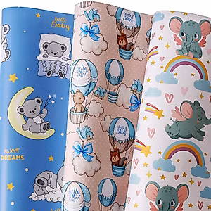 BOLIANNE Baby Shower Wrapping Paper - Gift Wrapping Paper for Boys Girls Kids with Cute Baby Bears Elephants Hedgehogs, 6 Large Sheets Baby Gift Wrap for Birthday Holiday, 27 X 37 Inch