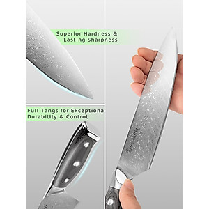 Geschickt Chef knife, Kitchen Knife 8'' with Improved Thicker Handle for Comfort & Balance, Razor Sharp Forged Full Tang Knife, High Carbon Stainless Steel, Ergonomic Design, Grey