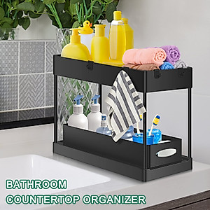 2 Pack Under Sink Organizers and Storage, 2-Tier Bathroom Organizer with Pull-Out Drawer & Hooks, Under the Sink Kitchen Cabinet Organizers Shelf for Countertop Laundry Organization and Storage-Black