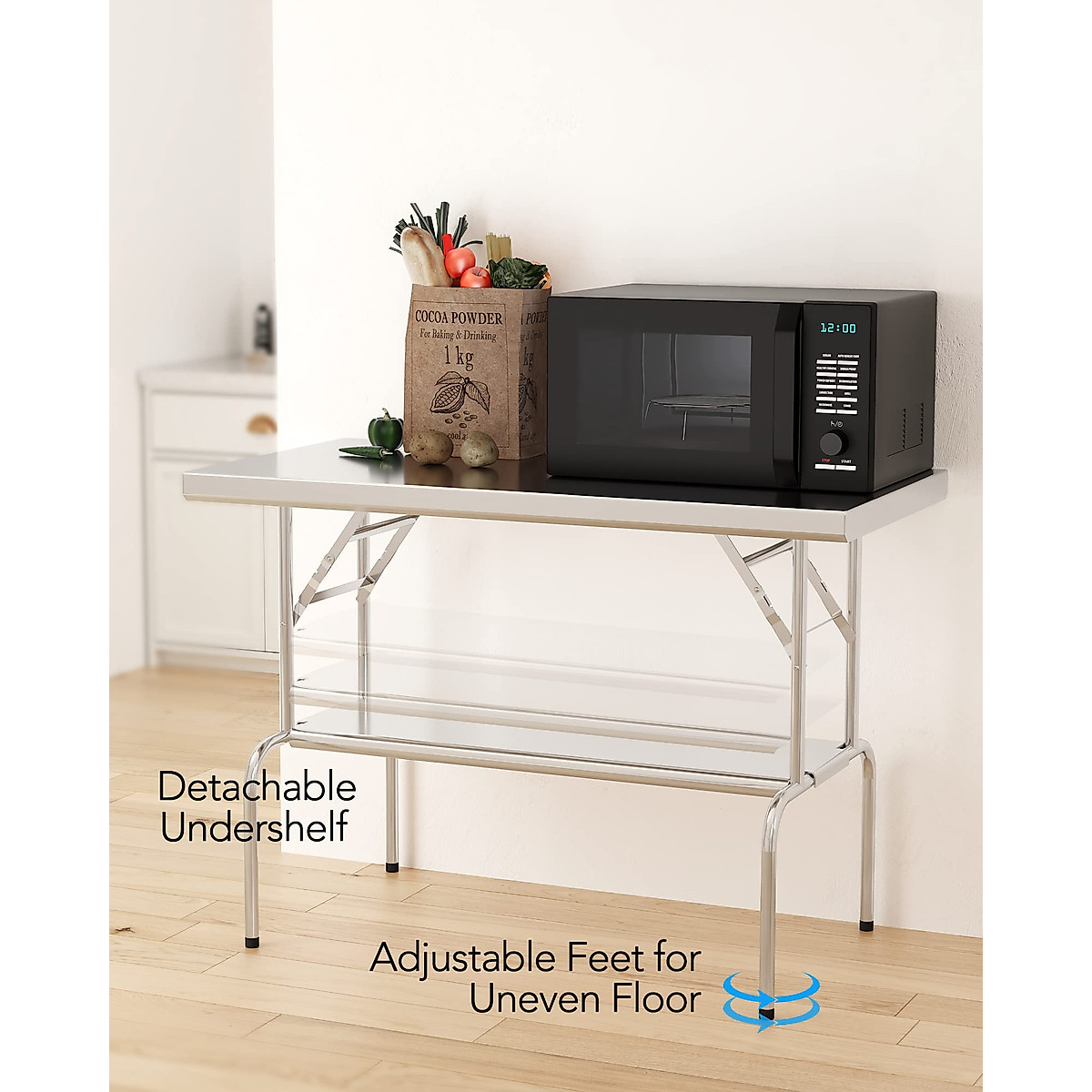 Garvee Stainless Steel Folding Table 48" x 24" with Undershelf, [NSF Certified][Heavy Duty] Commercial Kitchen Prep Table for Home, Restaurant, Hotel