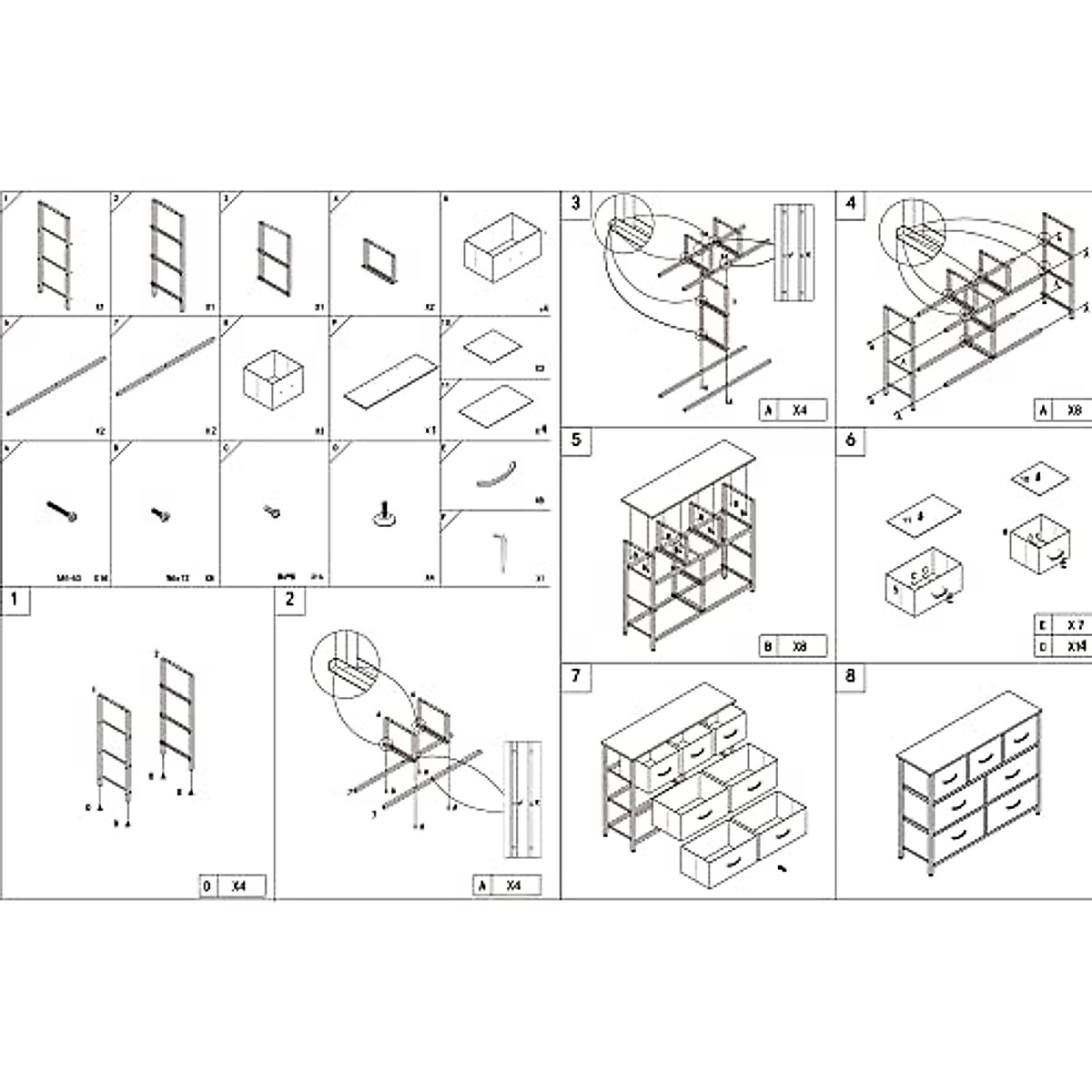 AZL1 Life Concept Storage Organizer 7-Drawer Closet Shelves, Sturdy Steel Frame Wood Top with Easy Pull Fabric Bins for Clothing, Light Grey