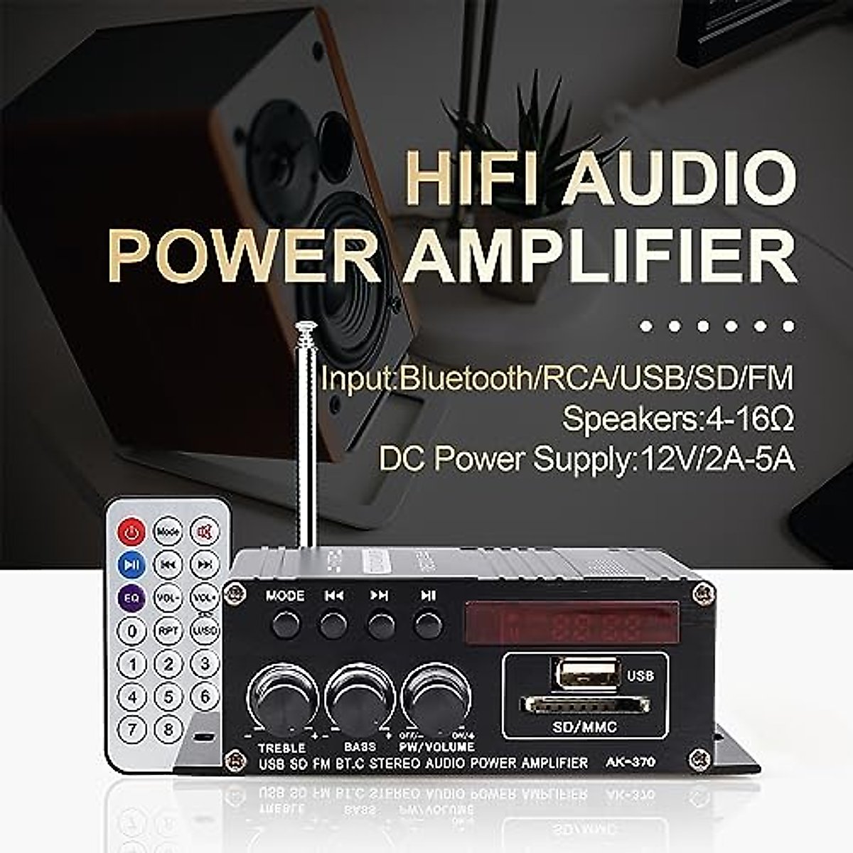 AK-370 Bluetooth Audio Amplifier with 12V/5A DC Power Supply,2.0 Channels Bluetooth Amplifier Supports Bluetooth/RCA/USB Flash Drive/SD Card Input and FM Function