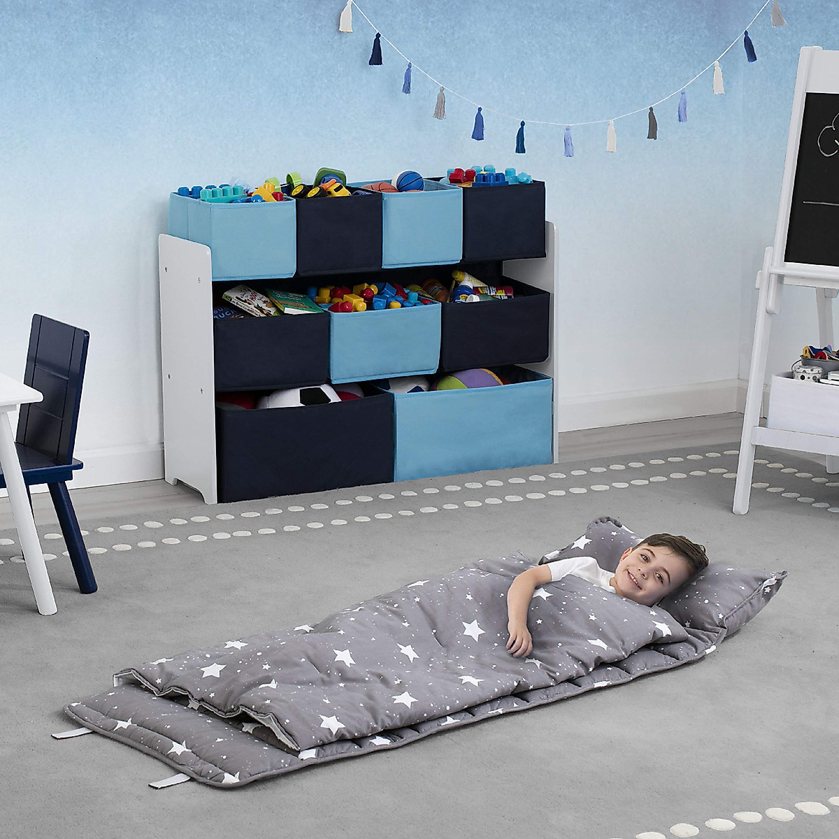 Delta Children Nap Mat with Included Pillow and Blanket for Toddlers and Kids; Features Carry Handle with Strap Closure and Name Tag; Rollup Design is Ideal for Preschool and Daycare, Dusty Skies