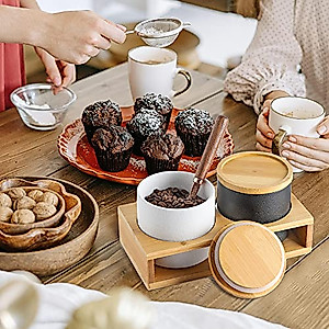 Coffee Containers with Shelf & Scoop - 2 x 17.9OZ(530 ML) Ceramic Airtight Coffee Bean Storage Container Food Storage Jar with Wood Lid for Loose Leaf Tea/Nuts/Snack/Sugar in Kitchen (Black&White)