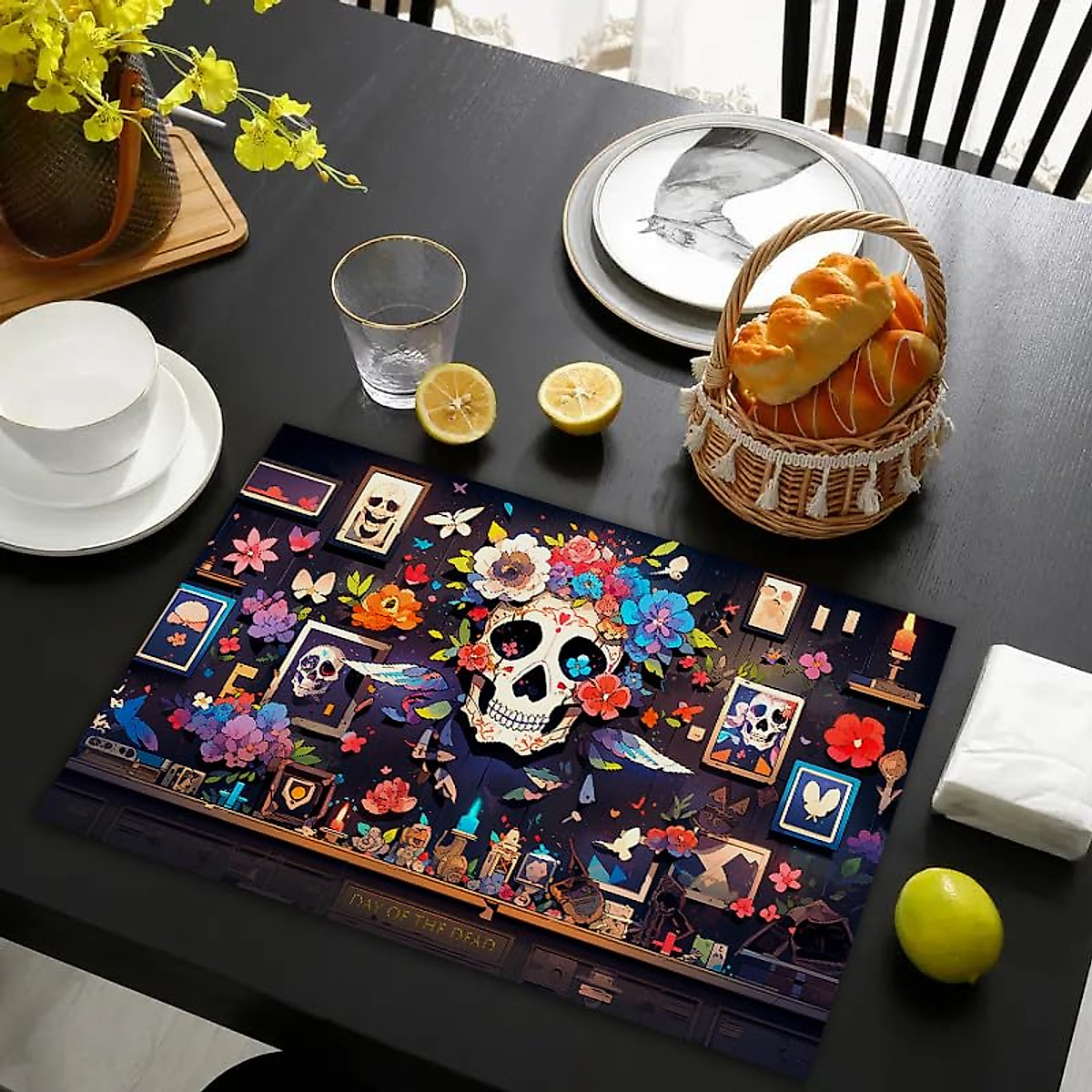 Day of The Dead Halloween Placemats Mexican Style Table Mats Colorful Flower Skull Table Placemat Dinner Mats for Dia De Los Muertos Halloween Home Kitchen Supplies, 4Pc