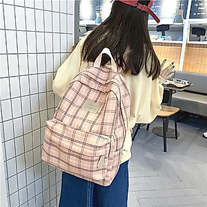 AONUOWE Light Academia Aesthetic Backpack Plaid Preppy Backpack Teen Girls Back to School Supplies Checkered Bookbags (Pink)