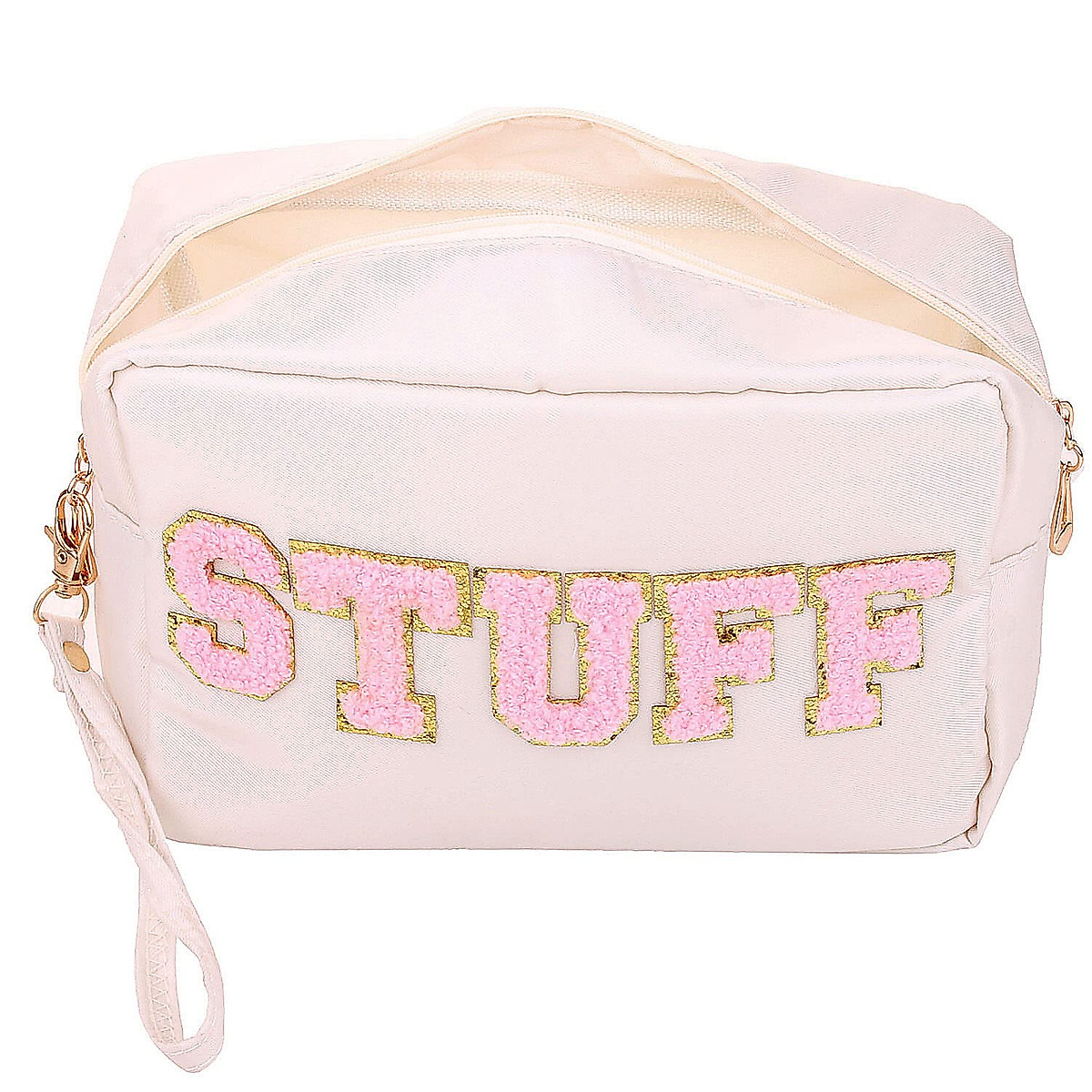 oaesc Nylon Cosmetic Bag Chenille Letter Patches Waterproof Travel Pouch Snack Makeup with Wrist Strap for Women (Beige-STUFF)