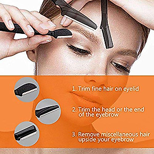 FITDON Eyebrow Grooming Set, Professional Slant Tip Tweezers & Curved Stainless Steel Scissors & 3PCS Brow Razors Trimmer & Duo Angled Eyebrow Brush with Spoolie black,sliver