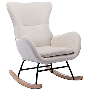 chairus Modern Rocking Chair Wingback Living Room Accent Chair Linen Rocker Armchair for Adults Comfy Upholstered Single Sofa Chair for Bedroom Playroom Nursery, Cream