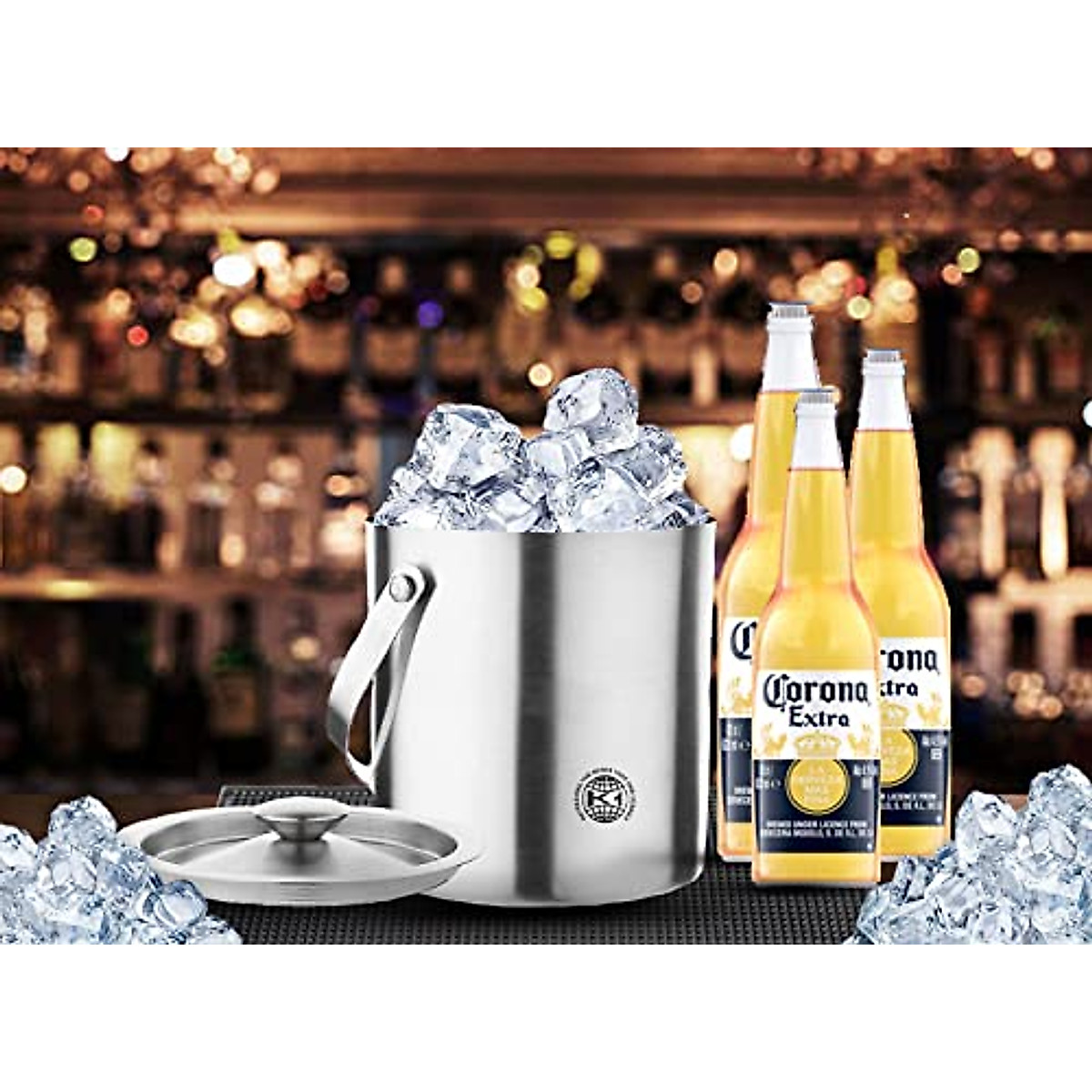 Ice Bucket With Lid, Insulated Black Ice Bucket for Cocktail Bar with Ice Tong, Double Walled Stainless Steel, 1.75 L, 1.84 Quarts, Ice Cold For 6 h with Handle (Silver)