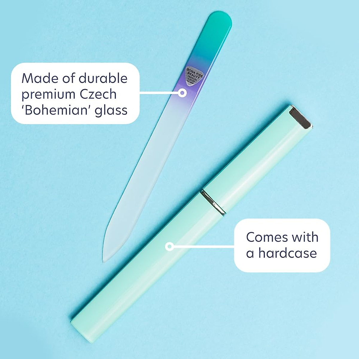 Glass Nail File with Case, Czech Glass Fingernail Files, Manicure Nail File for Natural Nails, Expert Precision Filing + Smooth Finish - Bona Fide Beauty Pastel Premium Nail Filer