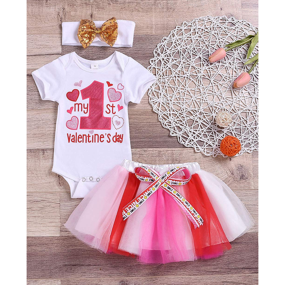 KANGKANG My First Valentine Day Newborn Girl Clothes Romper + Tutu Skirt Infant Summer Outfits 3PC Set 6-9 Months