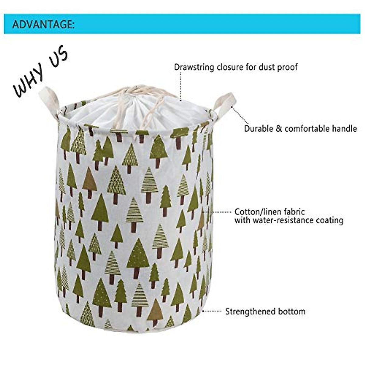 HeyToo 17.7in Drawstring Waterproof Foldable Laundry Hamper,Dirty Clothes Laundry Basket,Handle Linen Bin Storage Organizer for Toy Collection Tree