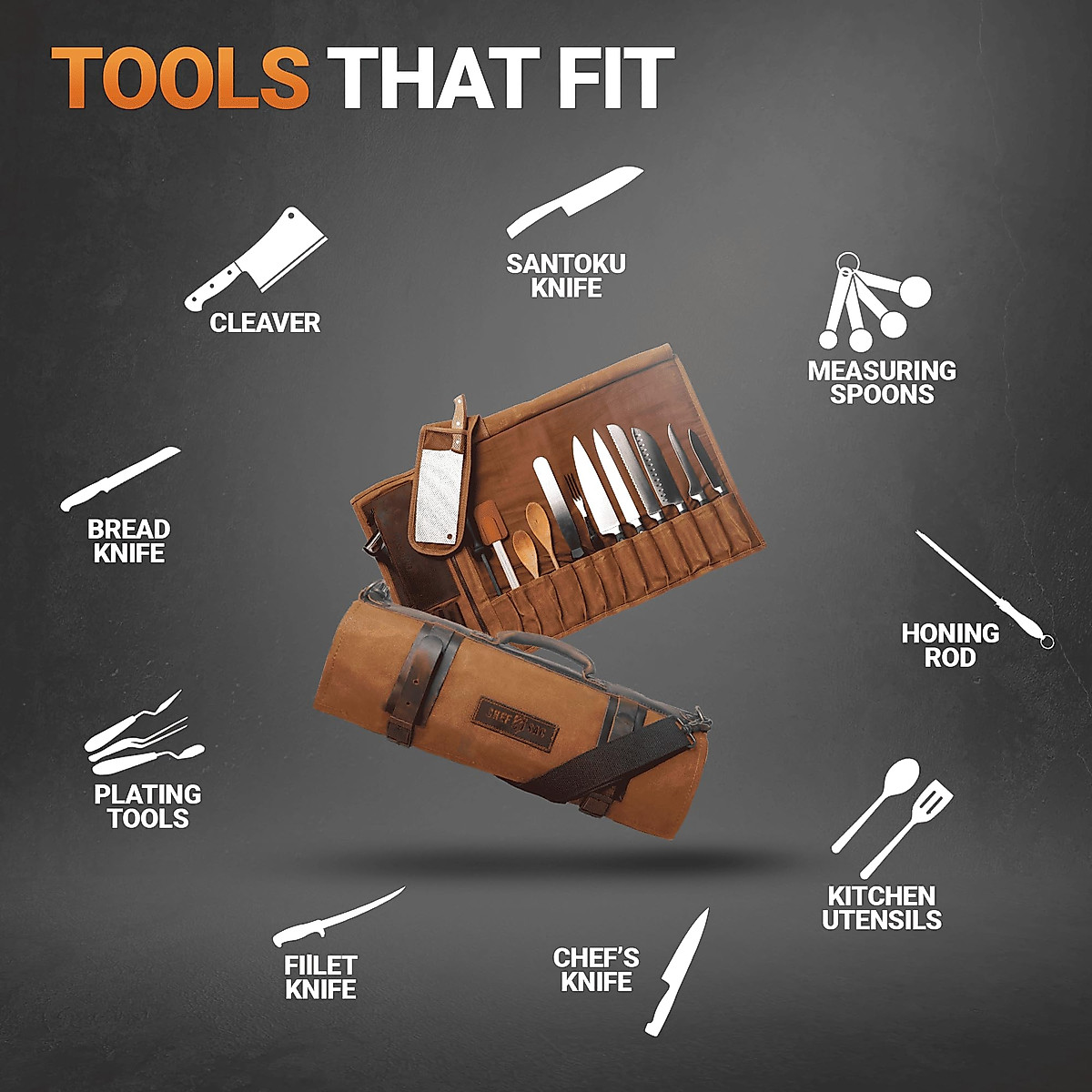 Chef Knife Roll Bag | 16oz ULTRA Wax Canvas & Top Grain Leather | 22 Slots & 4 Zipper Pouch | Double Stitch | Water-Resistant | Cleaver Pouch | Knife Organizer for Chefs and Culinary Students