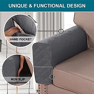 Turquoize 2 Pack Waterproof Armrest Covers for Chairs and Sofas Couch Arm Covers for Sofa Armrest Covers with Side Pocket Anti-Slip Furniture Protector Washable Armrest Slipcovers Set of 2, Gray
