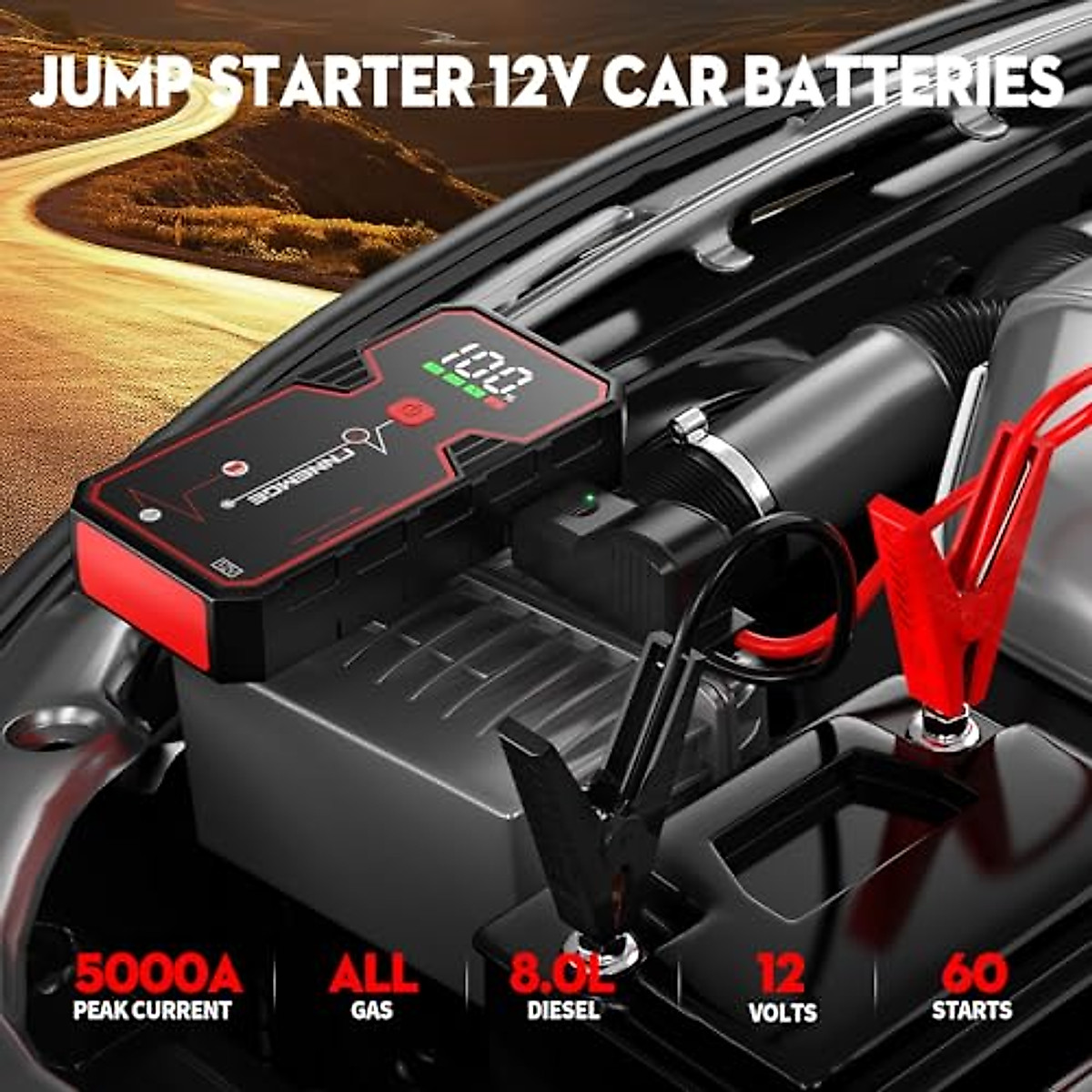 FNNEMGE Car Jump Starter, 5000A Peak 23800mAh 12V Jump Starter Battery Pack(Up to All Gas, 8.0L Diesel Engine),with USB Charge Output Port,LED Light,HD Large Screen.