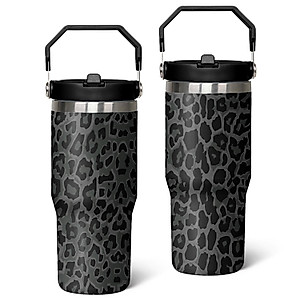 30oz Insulated Leopard Tumbler with Handle, Featuring a Leak-proof 2-in-1 Lid and Straw, a Vacuum-insulated Travel Coffee Mug, Portable Stainless Steel Water Bottle, Suitable for Both Women and Men