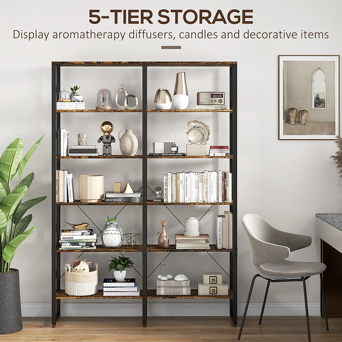 HOMCOM Bookshelf, Tall Industrial Bookcase with 6 Shelves, 5-Tier Storage Rack with Steel Frame, 53.25" Wide Display Rack, X-bar for Living Room, Home Office, Rustic Brown