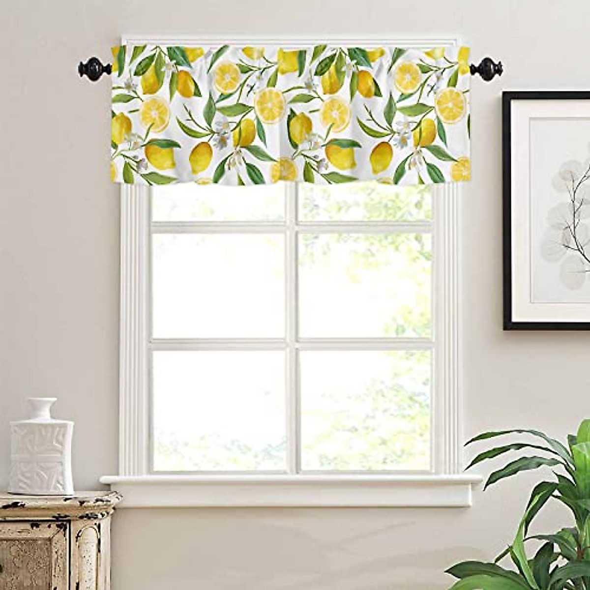 Voguard Yellow Lemon Valance Curtain Rod Pocket Window Curtain Summer Garden Fruit Flower Lemon Slice and Leaves Washable Window Treatment for Living Room Bedroom Kitchen Home Decor 54x18in