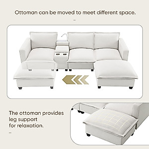 109x57 Inches Chenille Cloud Sectional Sofa Couch with Movable Ottoman, 2 USB Charging Port,Reading Light, Cup Holder,Reading Light,4 Seater Sofa Loveseat for Modern Living Room and Apartment,Beige