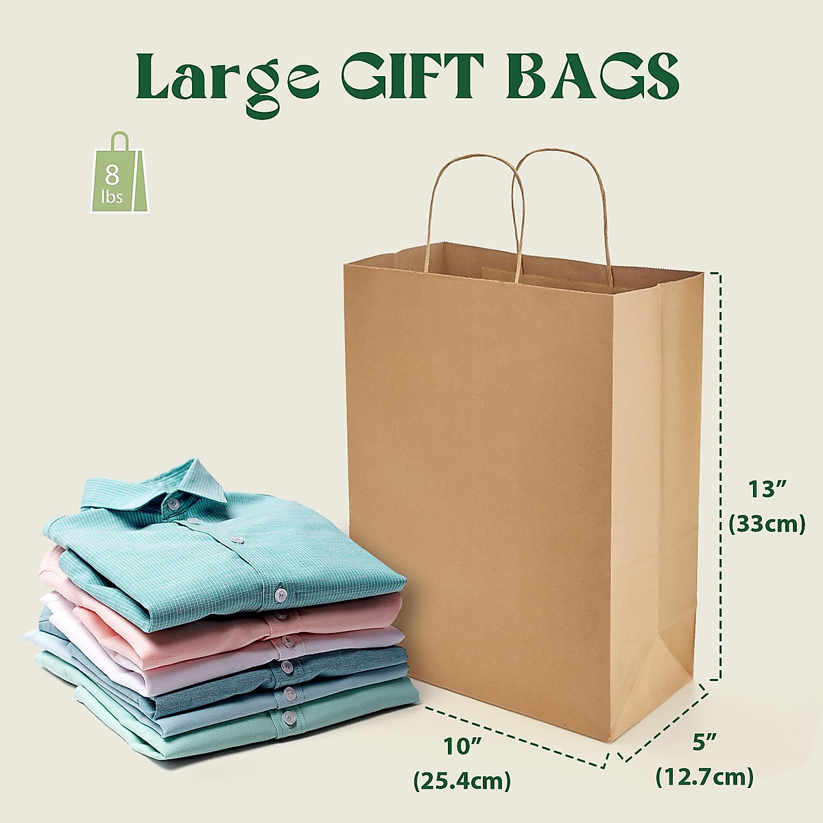 MESHA Gift Bags Kraft Paper Bags 100Pcs 10x5x13 Inches Brown Paper Bags with Handles Bulk,Shopping Bags,Party Bags,Recycled Paper Bags for Small Business