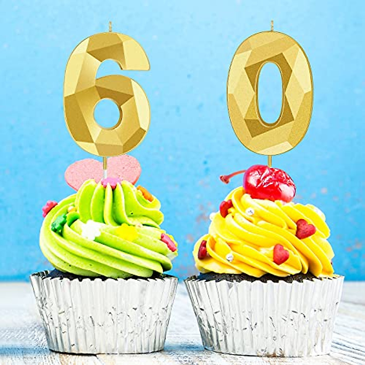60th Birthday Number Candles 3D Diamond Shape Cake Candles Number 60 Candles Cake Topper Decoration for Birthday Wedding Celebration Anniversary Favor (Gold)