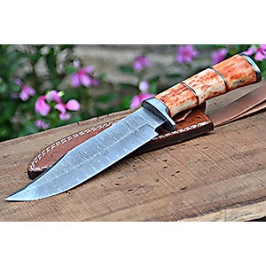 UK UNIQUE SHARP KNIVES BK-3004 Handmade Damascus Steel 12.00 Inches Damascus Steel Hunting Knife - Coloured Camel Bone Brass Spicer Handle With Damascus Gurd/pommel