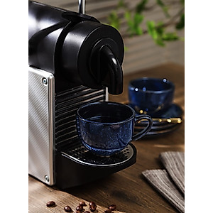 vicrays Ceramic Espresso Coffee Cups Set 4 oz Porcelain Espresso Cups with Saucers Spoons and Metal Stand for Tea Cafe Cappuccino Latte - Set of 6 - Blue