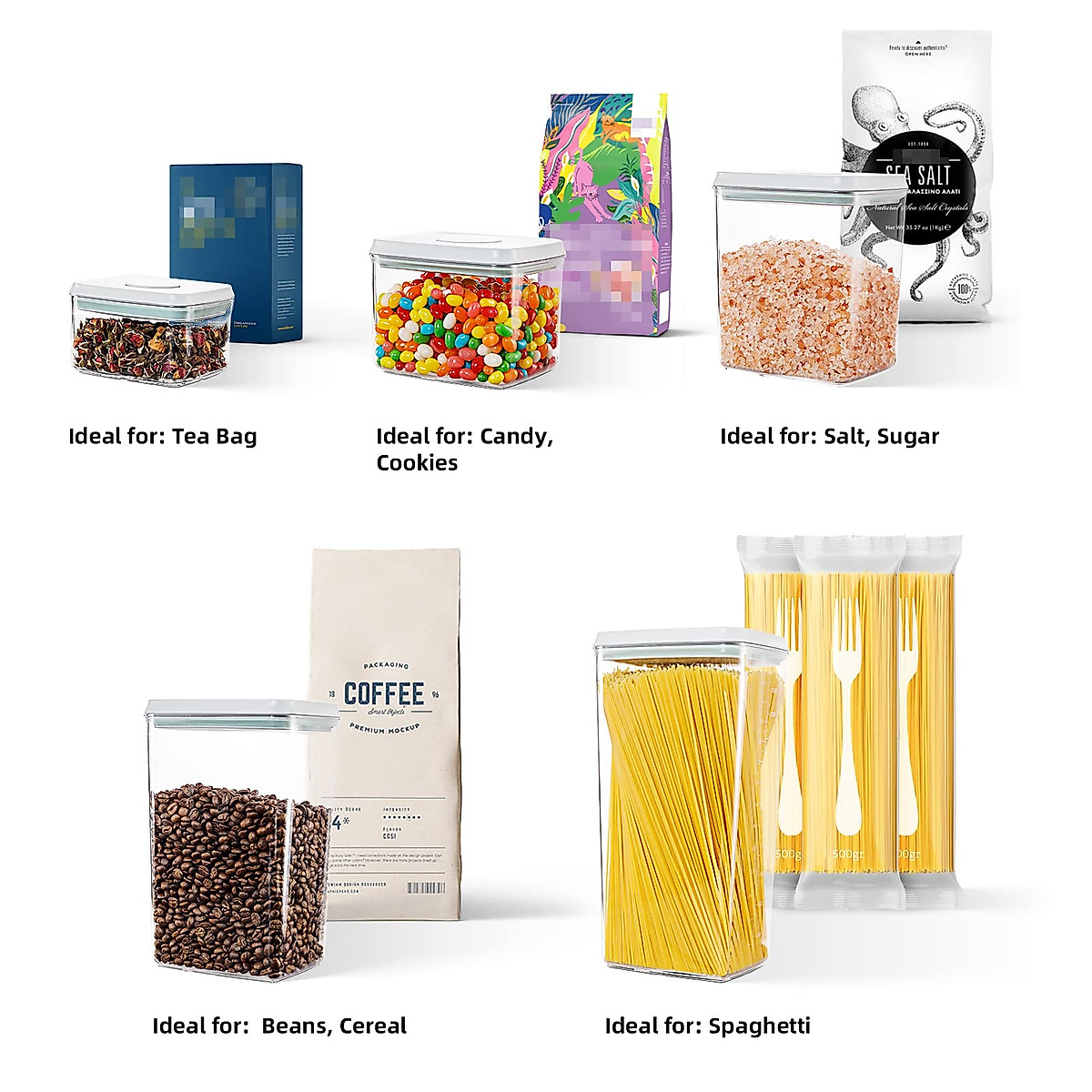 Tourdeus Pop Up Lid Food Storage Containers, Clear Storage Containers for Pantry Airtight Kitchen Containers Storage Set - 5 Pack for Cereal, Flour and Sugar, 3.5Qt, 2.9Qt, 2.1Qt, 1.3Qt, 0.6Qt