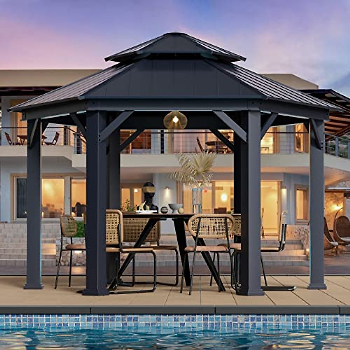 EROMMY 15' x 15' Hardtop Gazebo, Outdoor Wood Looking Aluminum Hexagon Gazebos with Galvanized Steel Roof for Patio, Backyard, Deck and Lawns