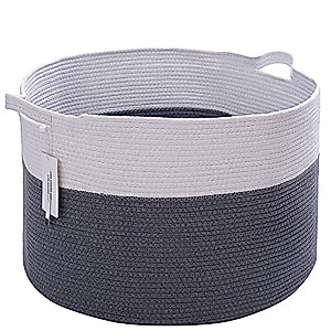 Extra Large Storage Basket, Woven Cotton Rope Blanket Basket for Nursery and Home, Fabric Laundry Basket with Handles for Living Room, Laundry Room, Kids Room and Bedroom, White and Gray