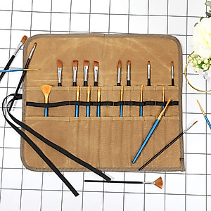 Denifiter Waxed Canvas Roll-up Pencil Bag, Heavy Duty Artist Paint Brushes Organize Pouch (Khaki)