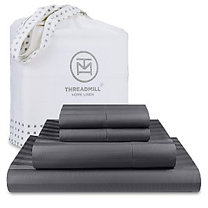 Threadmill 500 Thread Count Full-Size Damask Stripe, 4 Pc Luxury Cotton Bedding Set, Silky Smooth Dark Grey Sheets with 16" Elasticized Deep Pocket, 2 Pillowcases & Free Tote Bag