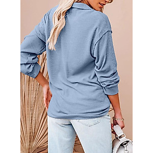 Dokotoo Business Casual Outfits for Women Stand Collar V Neck Button Up Long Sleeve Sweatshirt Solid Color Ribbed Henley Shirts Tunic Tops Knit Shirt Sky Blue Large