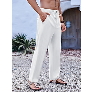 PASLTER Mens Cotton Pants Drawstring Casual Jogger Yoga Beach Pant Elastic Waist Slim Fit Trousers for Men White