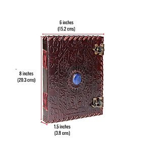 8" Leather Journal with string closure & stone Writing Pad Blank Notebook Handmade Notepad For Men & Women Unlined Paper Art Sketchbook Travel Diary To Write Book Of Shadows Refillable Grimoire Large