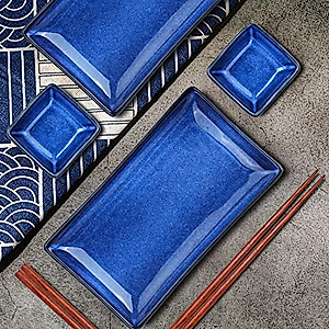 uniidea Ceramic Sushi Serving Tray Sets 2, 6 Pieces Japanese Style Porcelain Sushi Plate Set with Soy Sauce Dishes, Bamboo Chopsticks Housewarming Gift, Blue