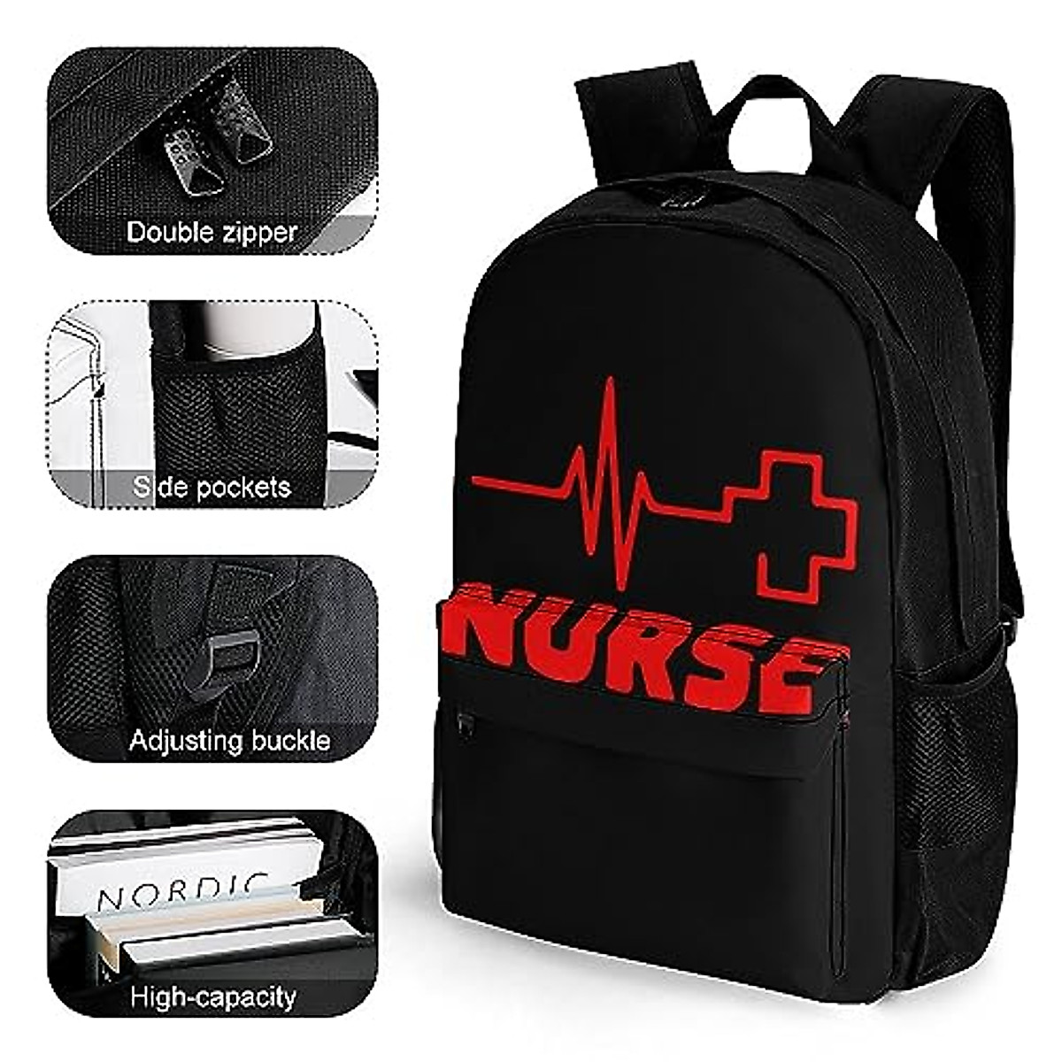 Nurse Heartbeat Red Cross Laptop Backpack for Men Women Shoulder Bag Business Work Bag Travel Casual Daypacks