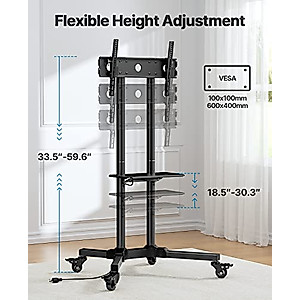 HUANUO TV Stand with Power Outlet, Rolling TV Stand for 32-85 Inch Flat/Curved LED TVs, Tilt TV Cart with Adjustable Shelf, Mobile TV Stand on Wheels Holds up to 132 lbs Max VESA 600x400mm HNTVMC01