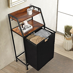 Timberer Laundry Hamper, Laundry Sorter, Rolling Laundry Basket with Wheels, 2 Shelves, 16.9 Gal(64L), Pull-Out and Removable Laundry Bags, for Laundry Room, Black and Rustic Brown