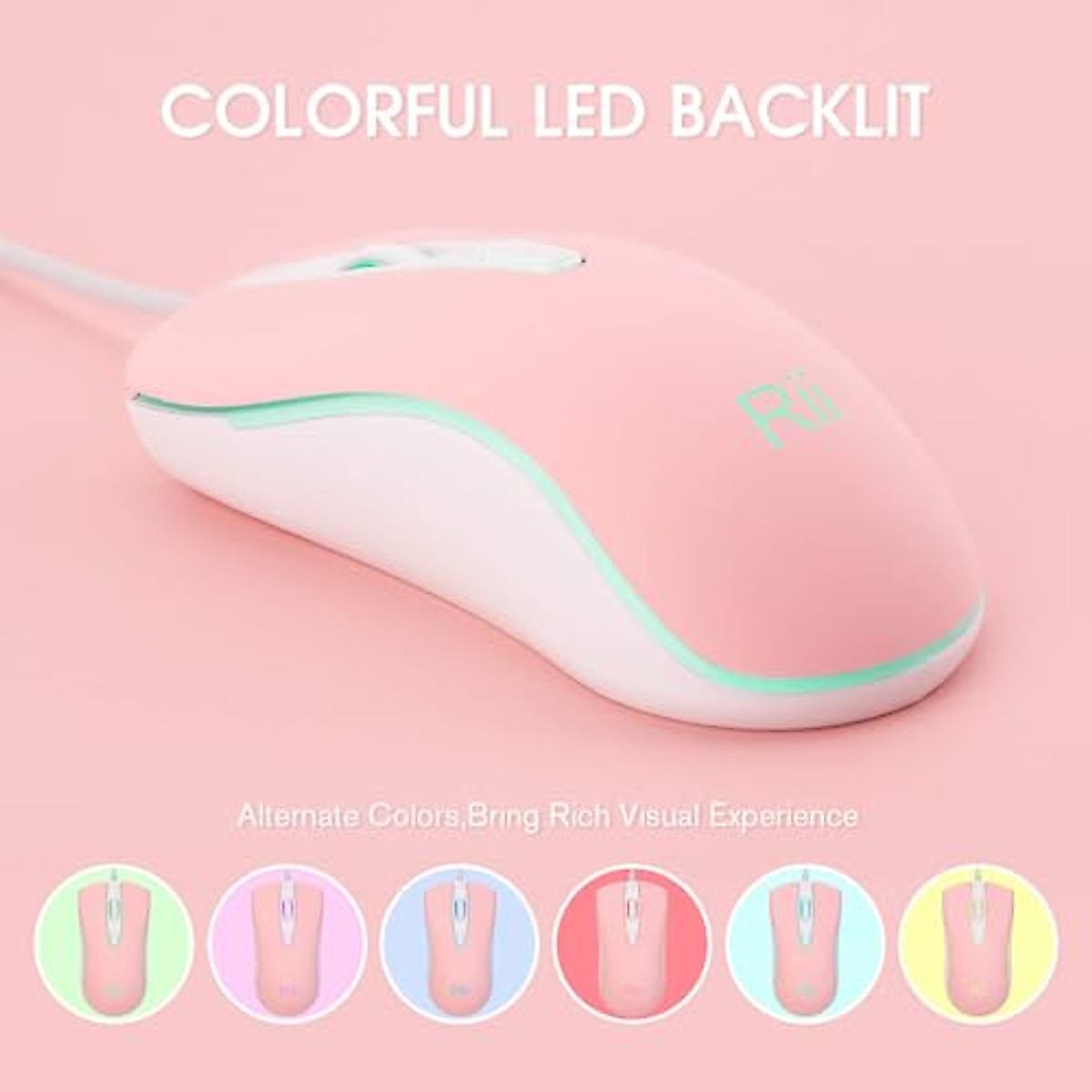 Rii Wired Mouse, USB Computer Mouse,RGB Optical Office Mice for PC,Computer,Laptop,Desktop,Windows,Chromebook (Pink)
