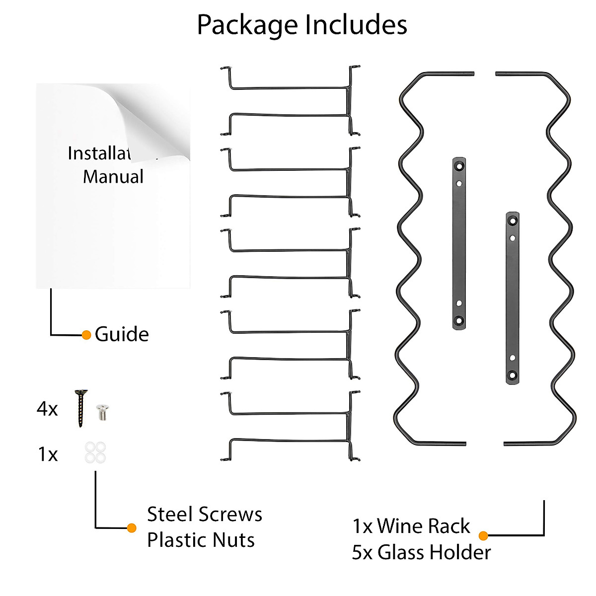 Wallniture Piccola Under Cabinet Wine Rack & Glasses Holder, Kitchen Organization with 6 Bottle Organizer Metal Black