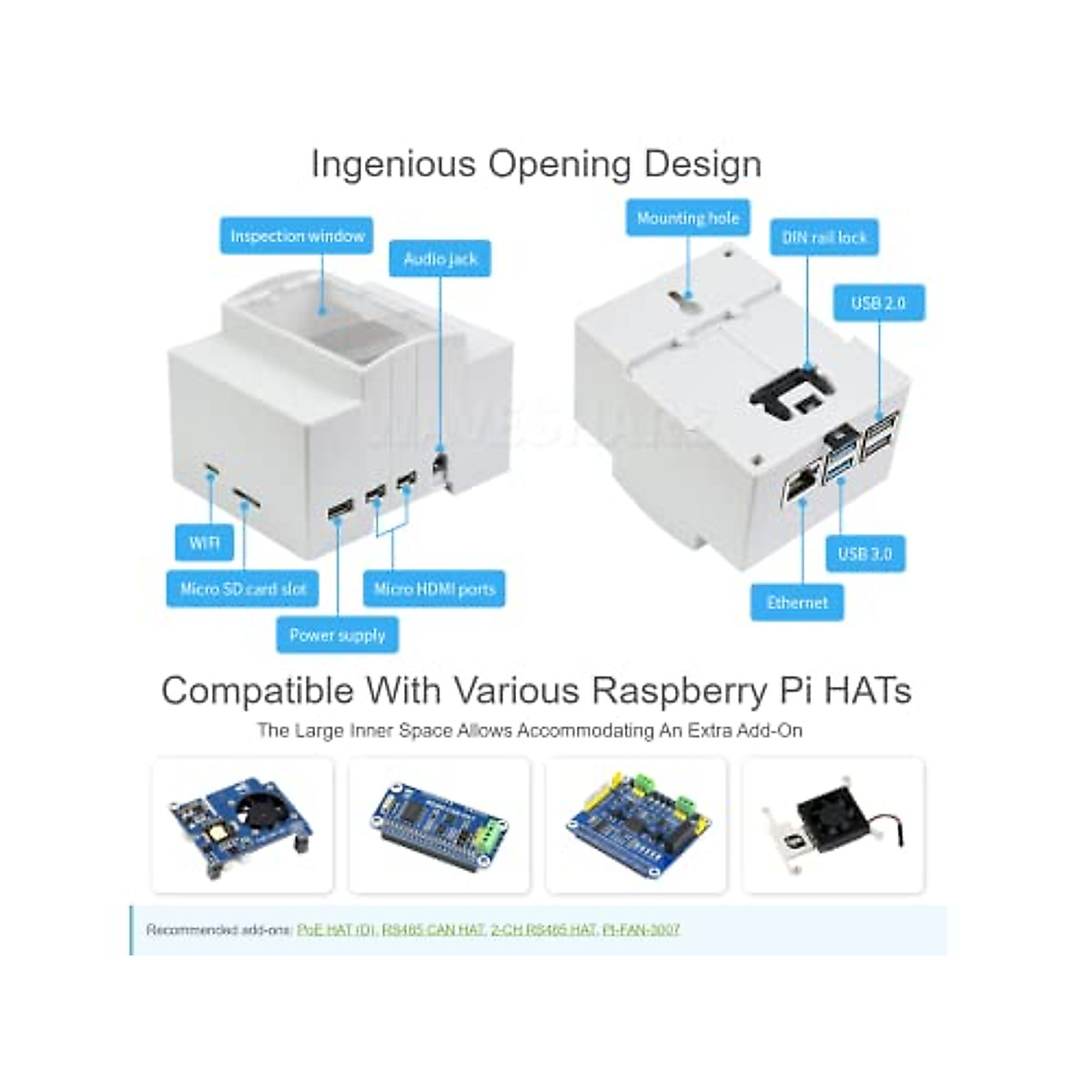 waveshare for Raspberry Pi 4 Case,DIN Rail ABS Case for Raspberry Pi 4 Model B, Large Inner Space,Compatible with Raspbeery Pi Expansion Board PoE HAT (D), RS485 CAN HAT, 2-CH RS485 HAT