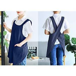 losofar Soft Cotton Linen Apron Cross Back X-Shaped Japanese Style Pinafore Dress for Cooking, Housewarming, Daily Chores (darkblue, (28.3"x 35.4"))