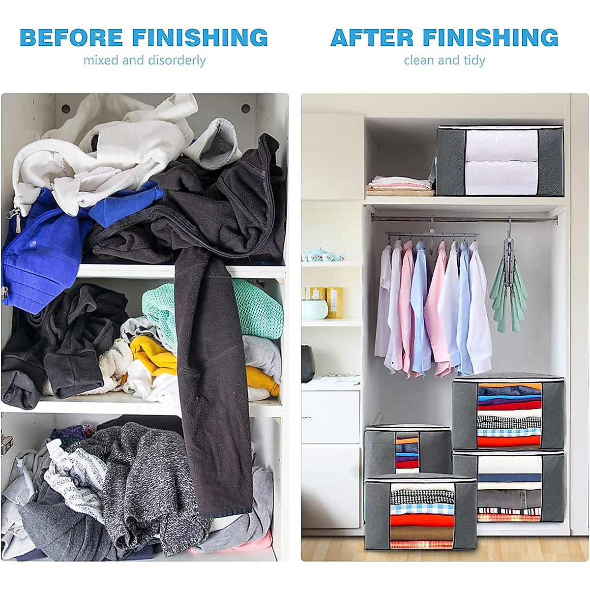 BellaCasa 90L Large Storage Bags, 6 Pack Clothes Storage Bags, Foldable Closet Organizer Storage with Durable Handle and Zipper Organization and Storage with Lids and Handle for Closet, Clothes, Grey